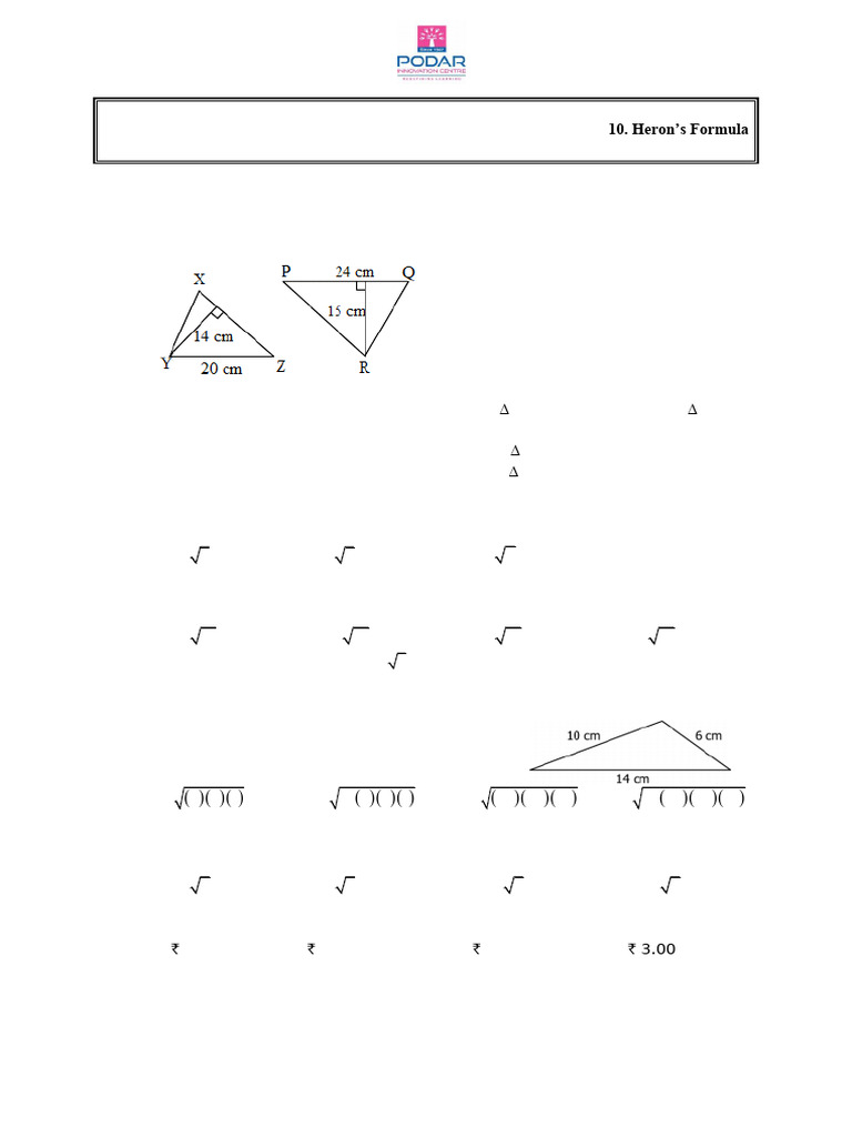 Heron's Formula Practice Sheet for IX | PDF | Area | Triangle