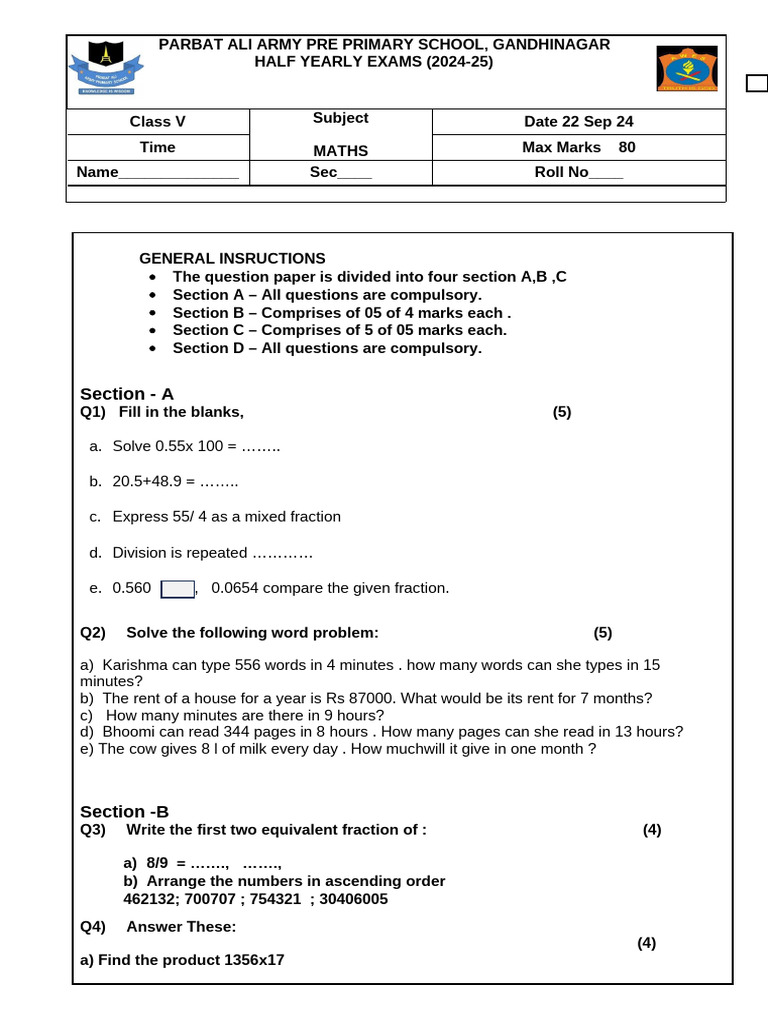 Class 5 Maths Final Exam Paper 2024 | PDF | Length | Area