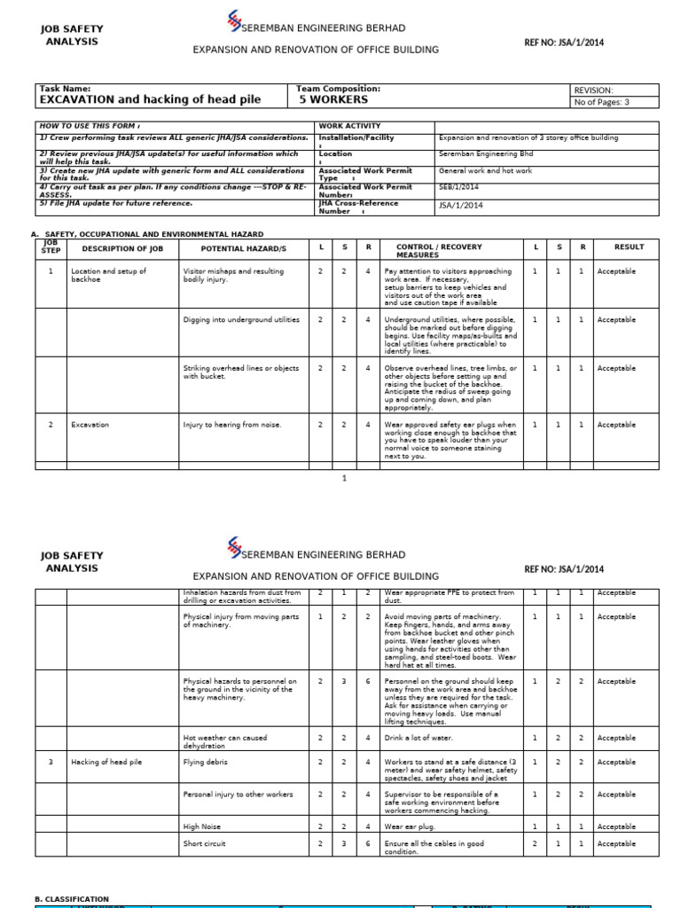 Job Safety Analysis for Excavation Work | PDF | Working Conditions ...