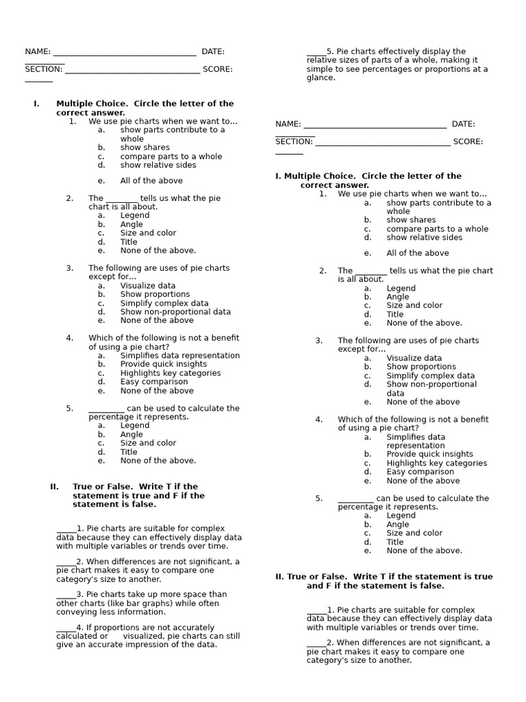 Pie Chart Quiz and Assessment | PDF | Pie Chart | Chart