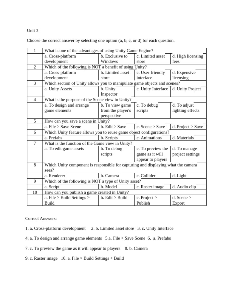 Unit 3 MCQ | PDF | Unity (Game Engine) | Camera