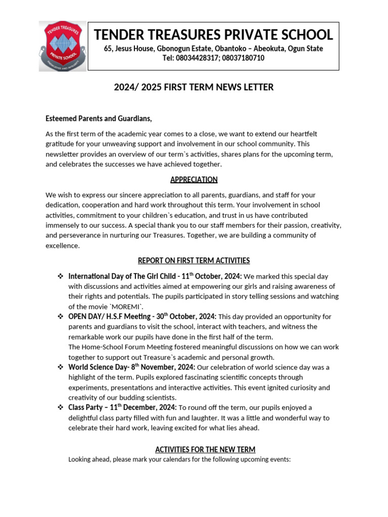 2024-2025 Term Newsletter Overview | PDF