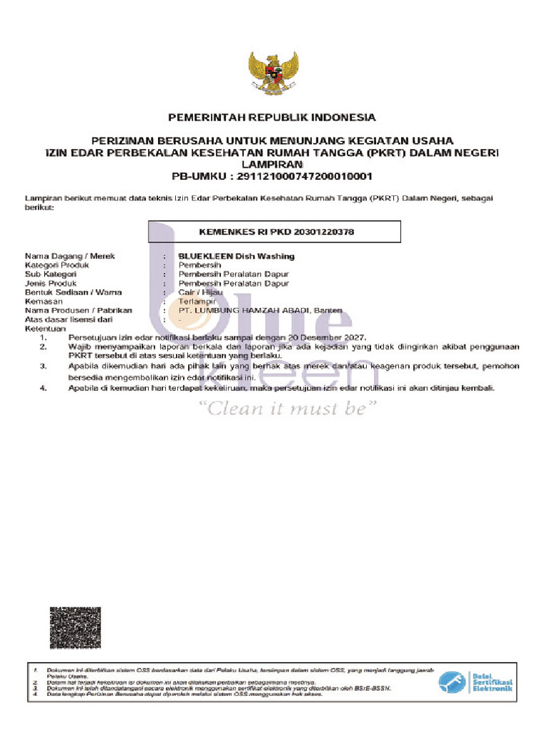 Ijin Edar BLUEKLEEN Dish Washing | PDF