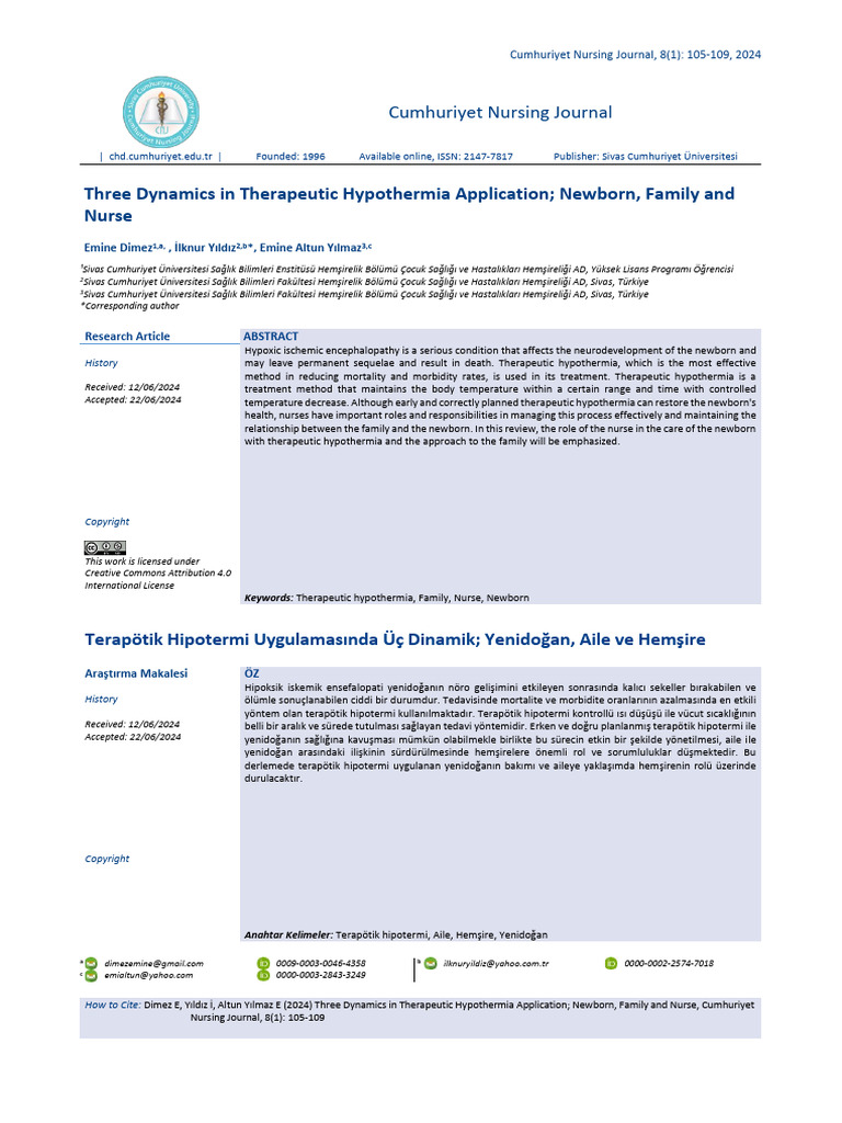 Terap Tik Hipotermi Uygulamas Nda Dinamik; Yenido an, Aile Ve Hem Ire ...