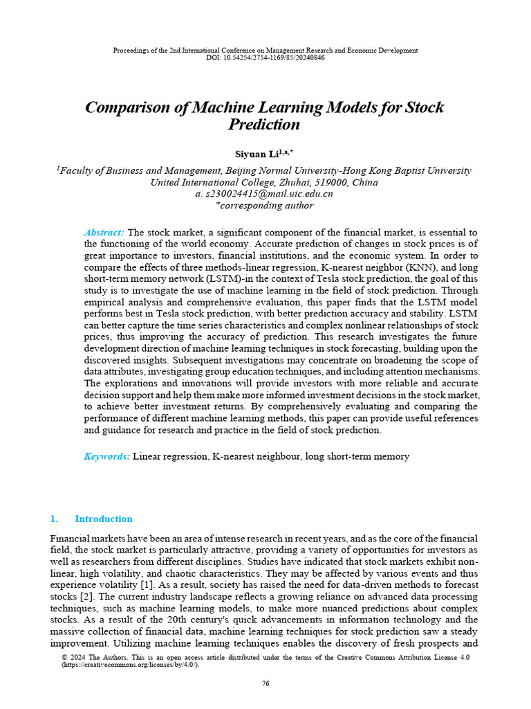Comparison of Machine Learning Models For Stock PR | PDF | Errors And Residuals | Prediction