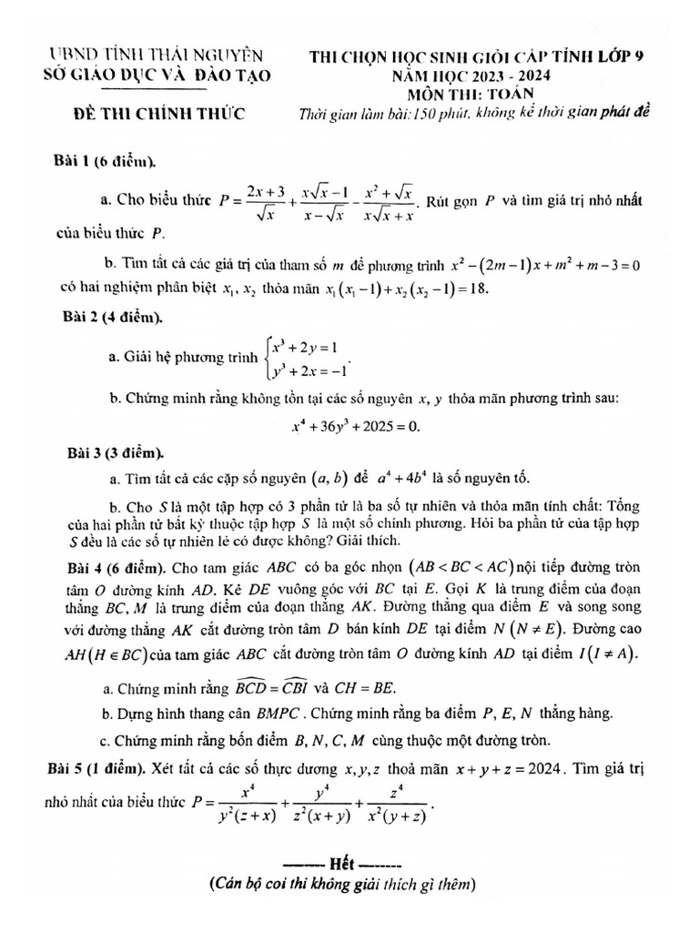 De Hoc Sinh Gioi Cap Tinh Toan 9 Nam 2023 2024 So GDDT Thai Nguyen | PDF