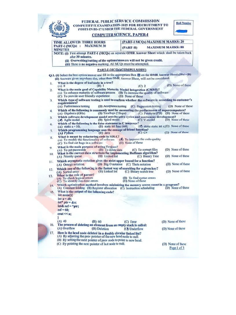 CSS Computer Science Paper-I 2025 | PDF