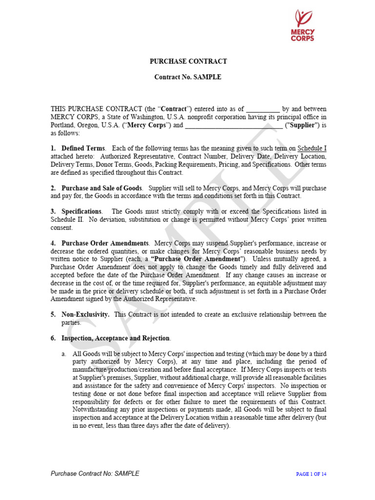 Mercy Corps Purchase Contract Template | PDF | Indemnity | Breach Of ...