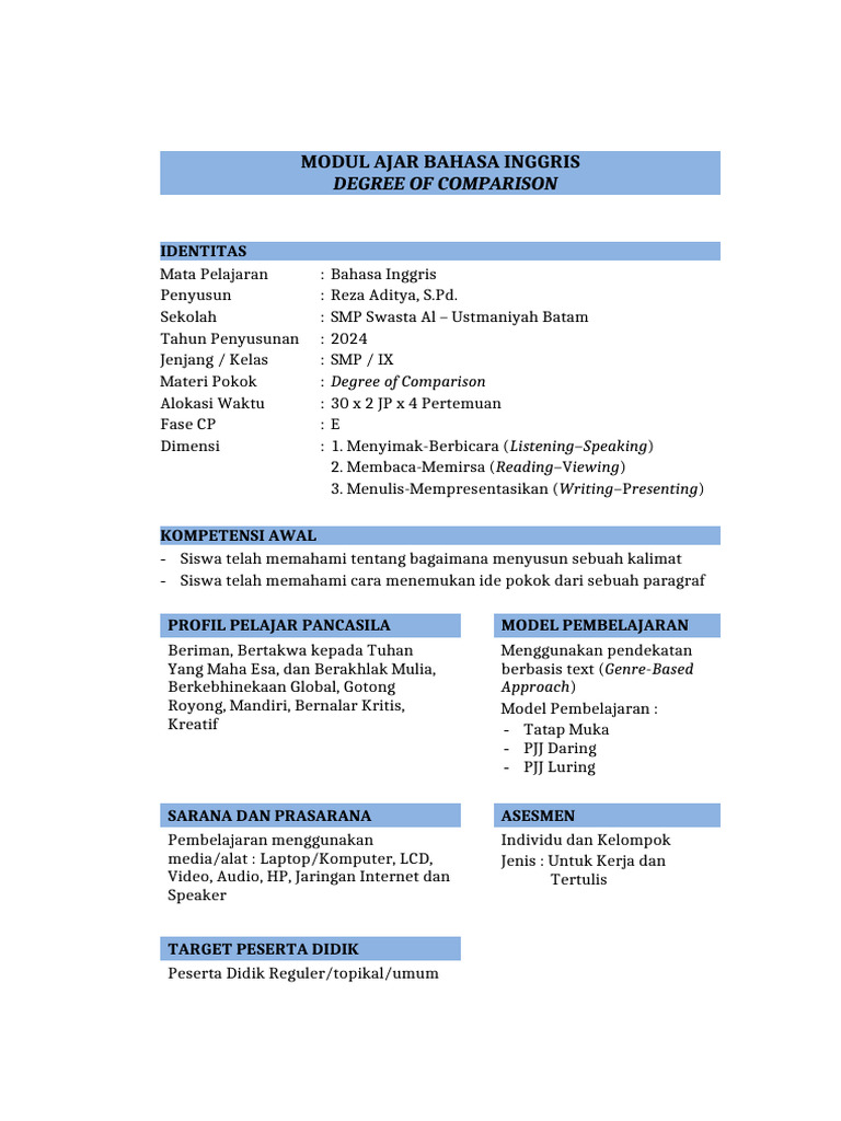 MODUL AJAR Degree of Comparison | PDF