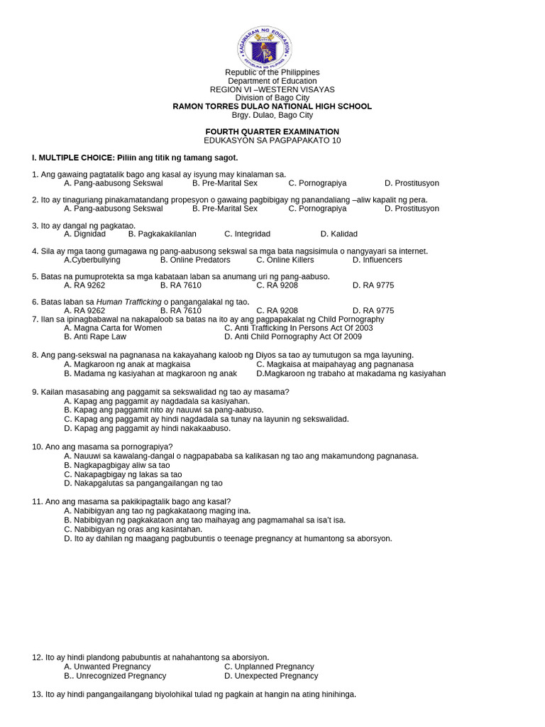 Esp 4TH QTR Exam | PDF