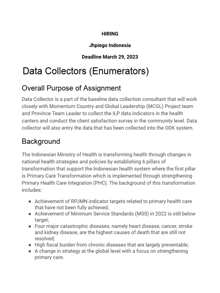 Jhpiego Data Collectors (Enumerators) | PDF | Health Care