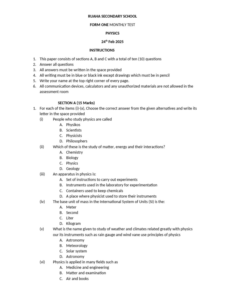Form One Physics Monthly Test Feb 2025 | PDF | Experiment | Physics