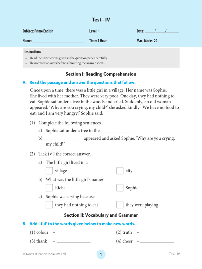 Grade 1_Test-4 (1) | PDF | Human Communication | Linguistics
