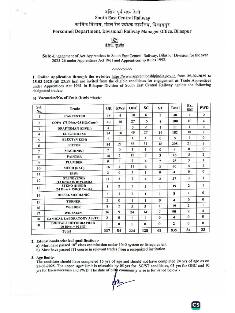 RRC SECR Bilaspur Apprentices 2025 Notification | PDF