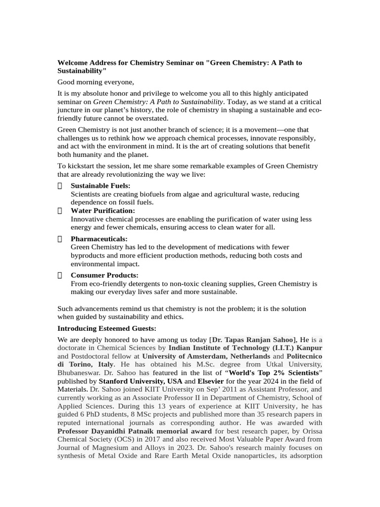 Revised Welcome Address for Chemistry Seminar On | PDF | Green ...