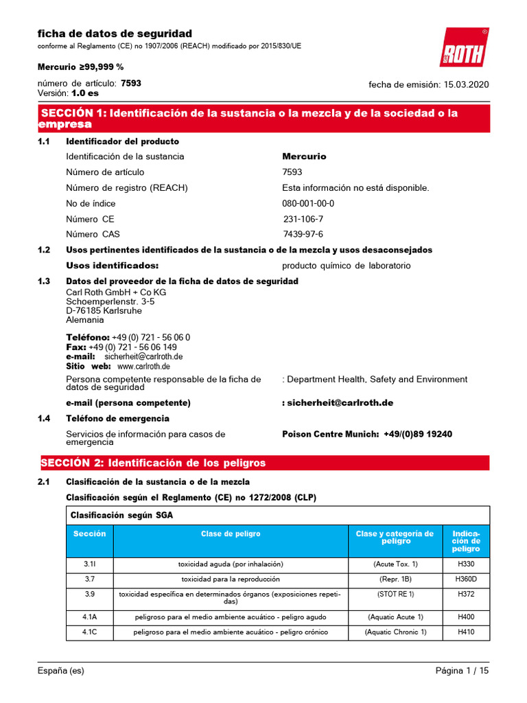 Ficha de Datos de Seguridad MERCURIO | PDF | Mercurio (Elemento) | Toxicidad