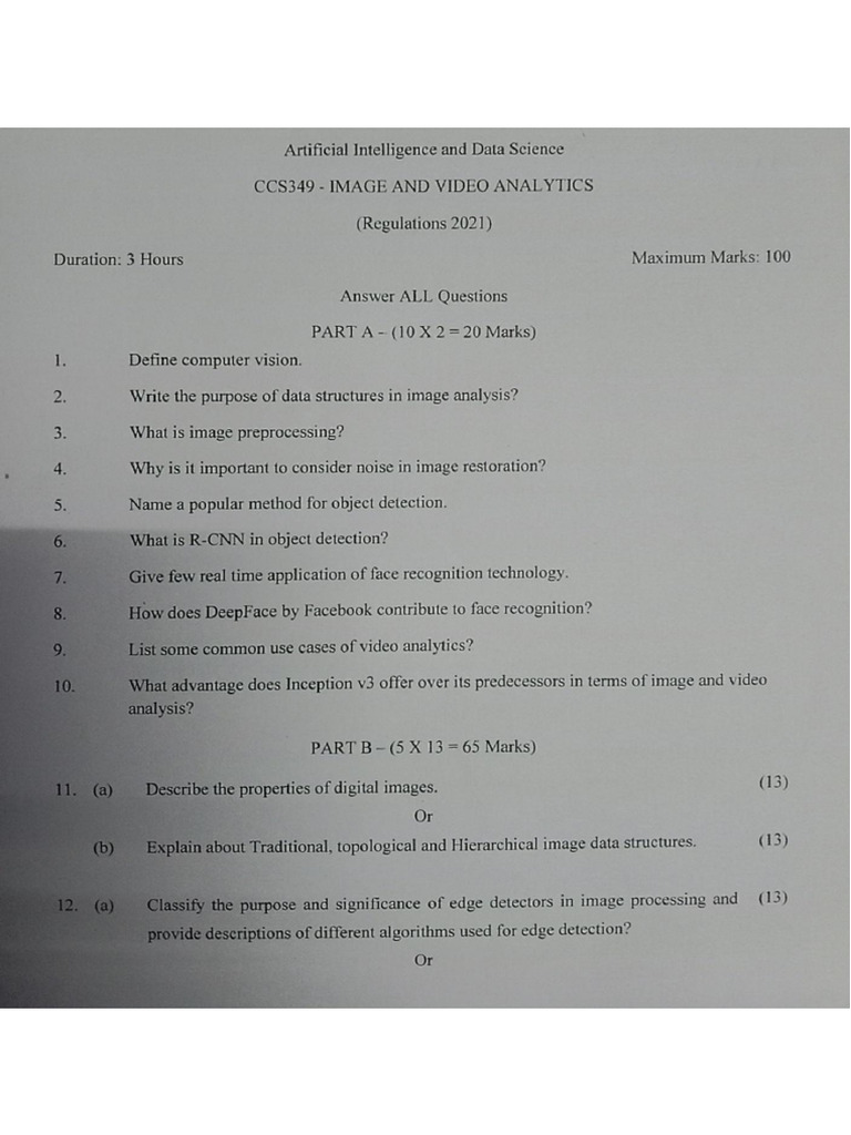 Image and Video Analytics Question Paper | PDF