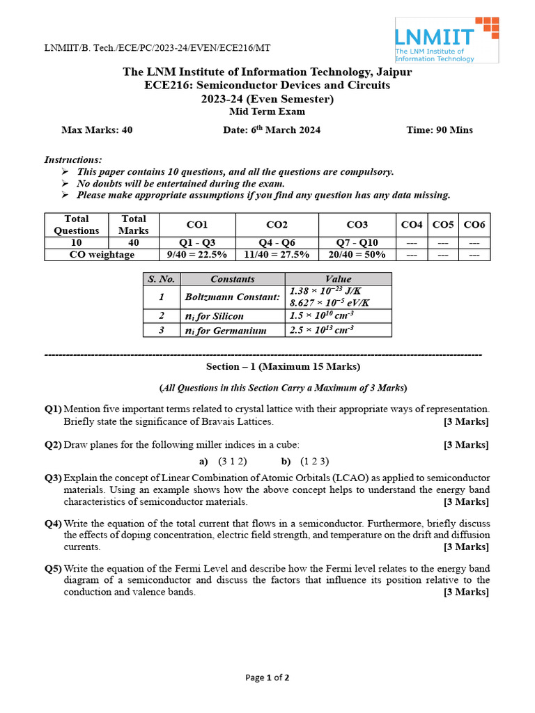 ECE216 Mid Term Exam Paper 2023-24 | PDF | Doping (Semiconductor) | Physics