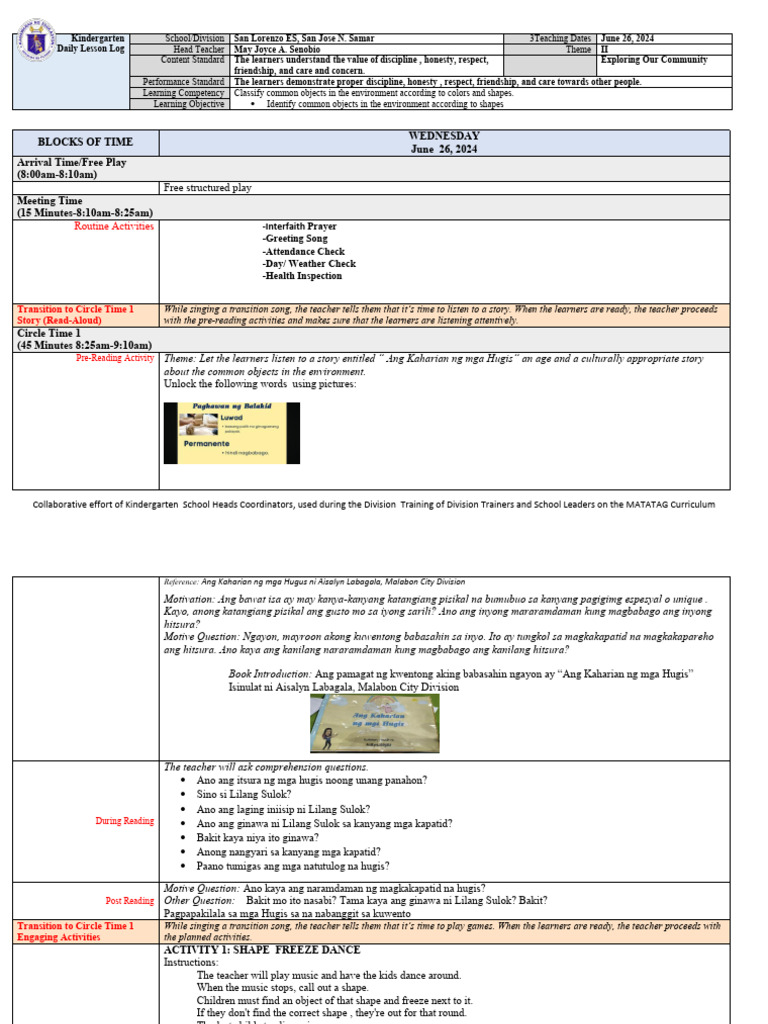 Kindergarten Lesson Plan MaTaTaG Curriculum 2 | PDF | Curriculum | Shape