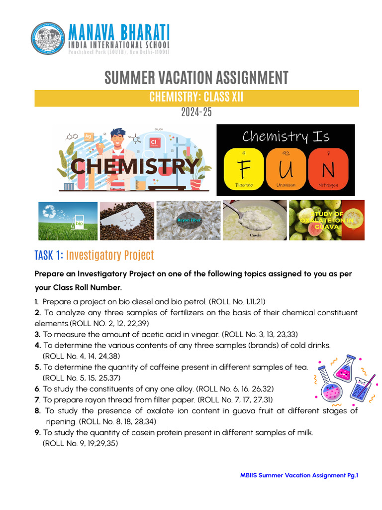 Xii Chemistry Summer Vacation Assignment - 2024-25 | PDF | Experiment ...