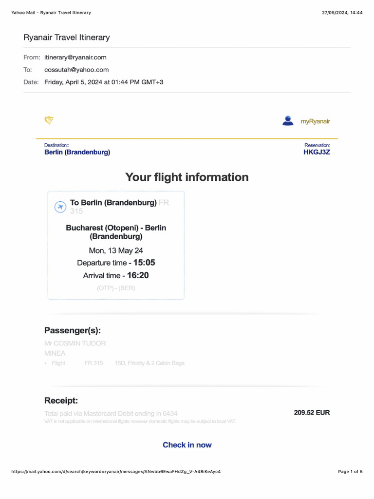 Mail Ryanair Travel Itinerary 1 | PDF