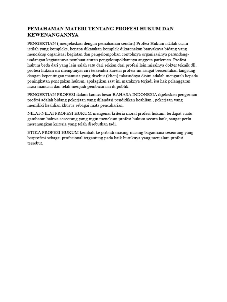 PEMAHAMAN MATERI TENTANG PROFESI HUKUM DAN KEWENANGANNYA | PDF