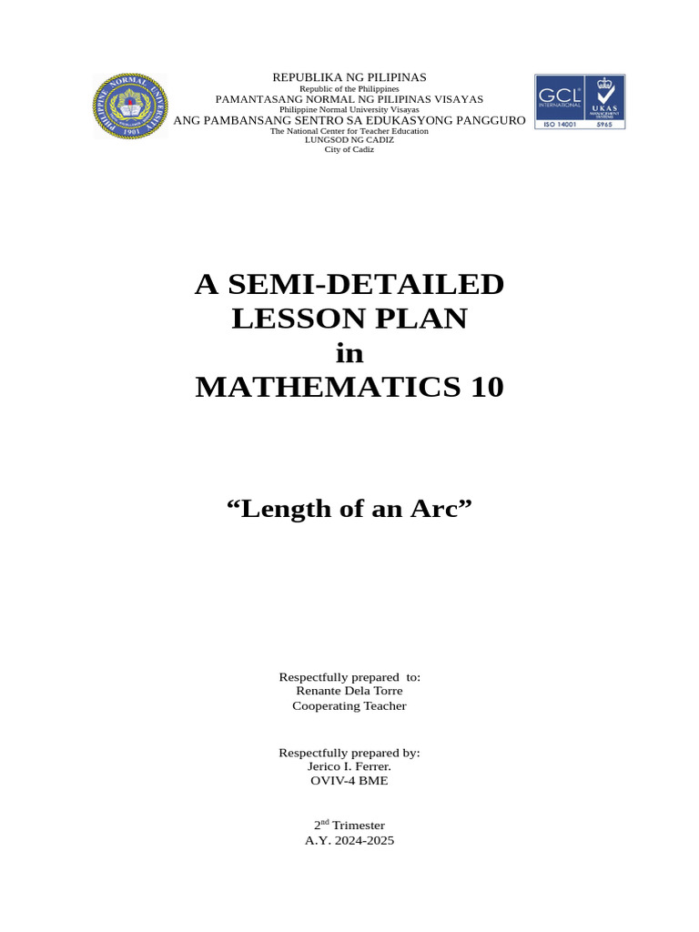 LESSON-PLAN - MATH 10 Supervise Teaching (Arc Length) | PDF | Circle | Angle