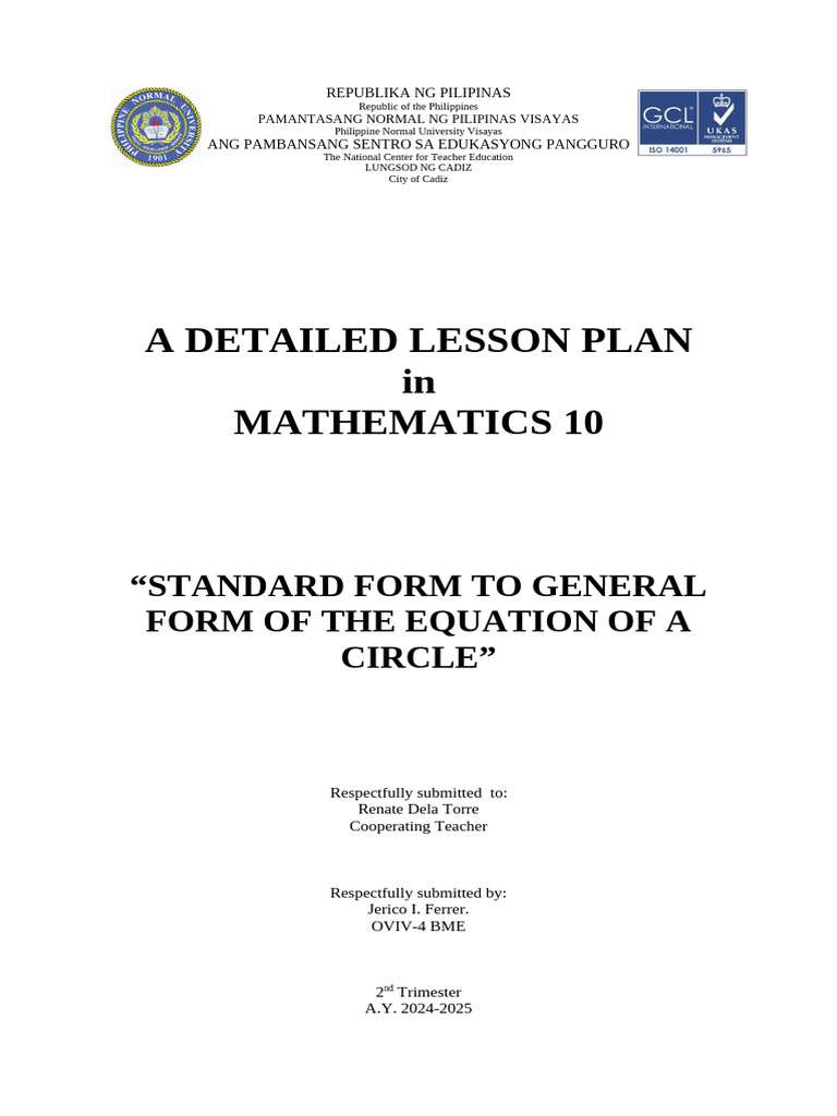 LESSON-PLAN - Math10 PRE-DEMO (Standard To General Form - Circle) | PDF | Equations | Learning