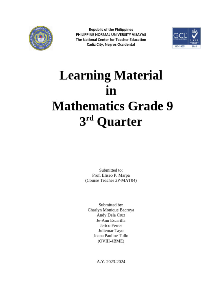 Learning Material in Mathamatic 9 - 3rd Quarter | PDF | Triangle | Ratio