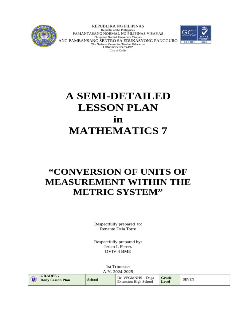GRADES 7 Final Demo (Conversion of Units of Measurement Within The ...
