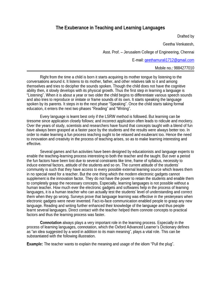 The_Exuberance_in_Teaching_and_Learning_Languages | PDF | Subject (Grammar) | Verb