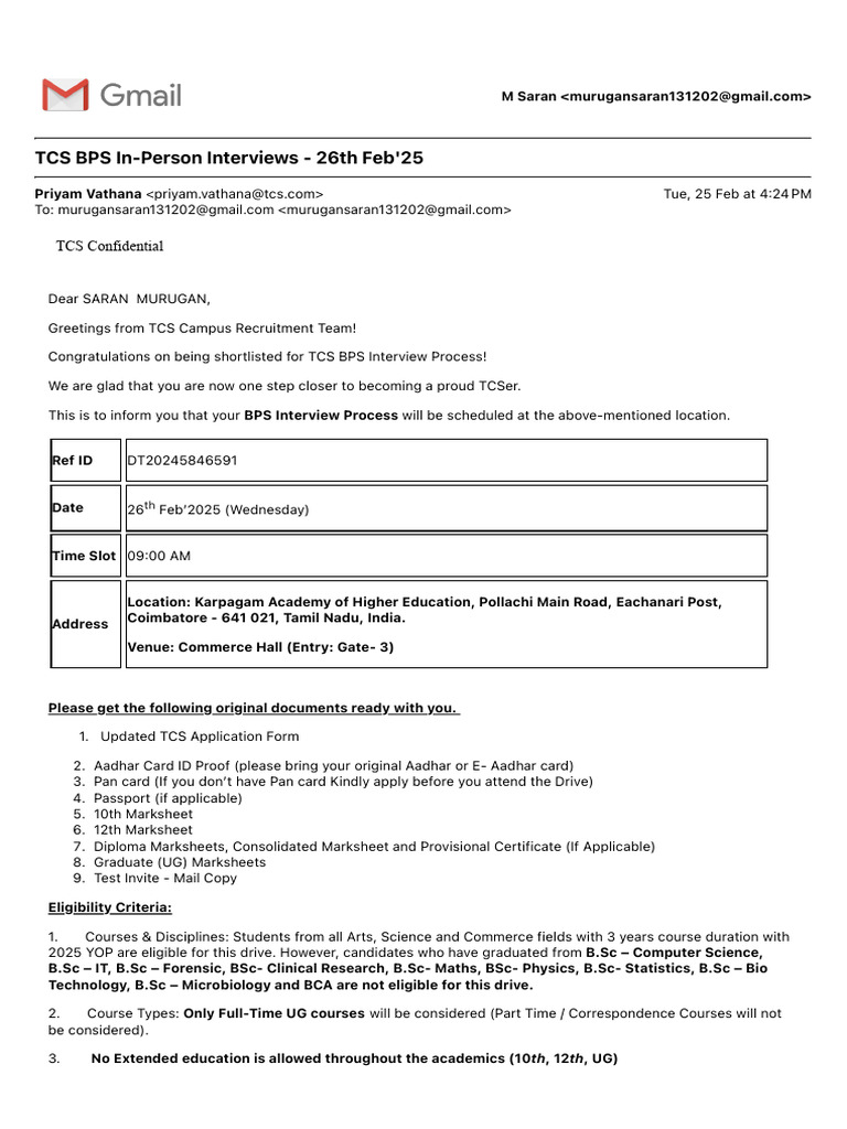 TCS BPS In-Person Interviews - 26th Feb'25 | PDF