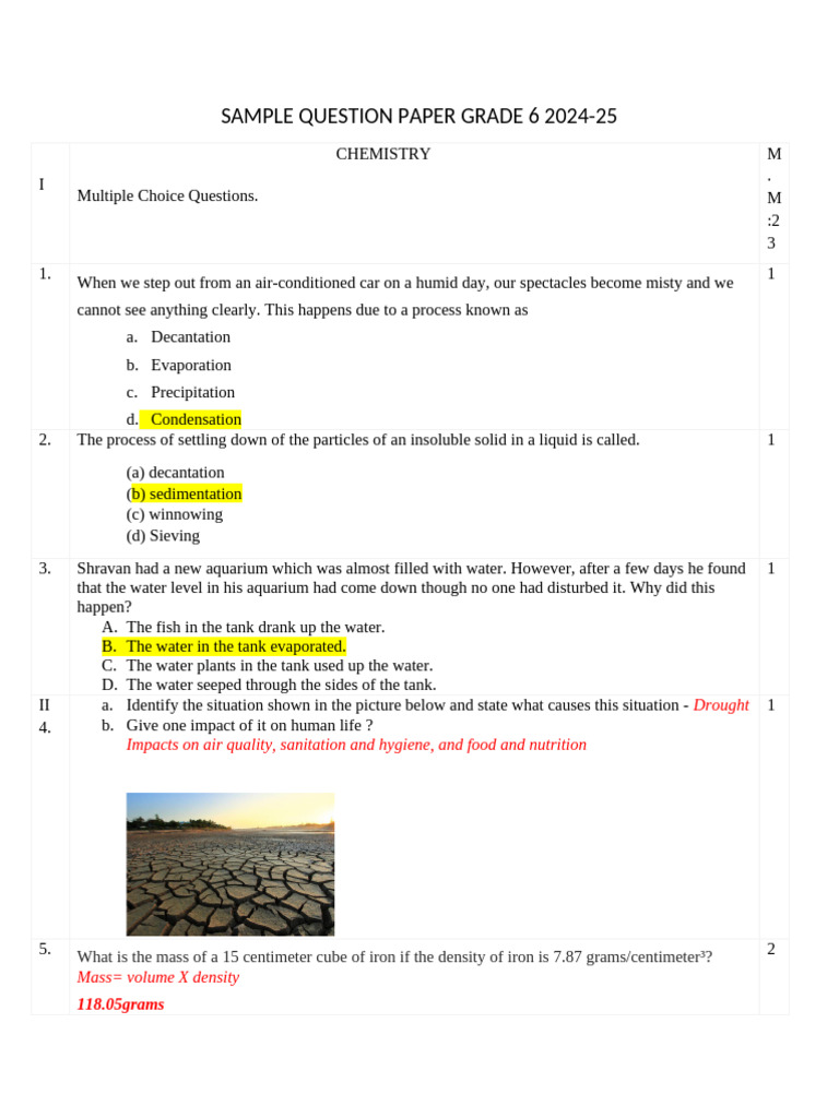 Sa2 Chem Sample Question Paper 24-25 | PDF | Water | Soft Drink