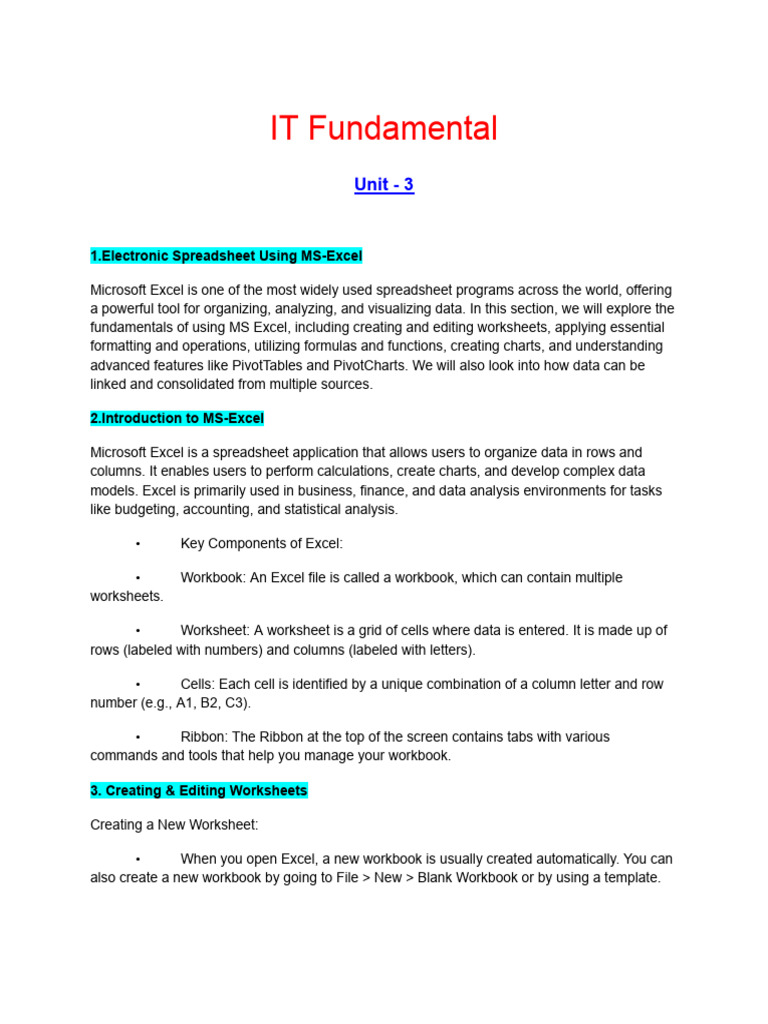 IT fundamental unit-3 | PDF | Microsoft Excel | Spreadsheet