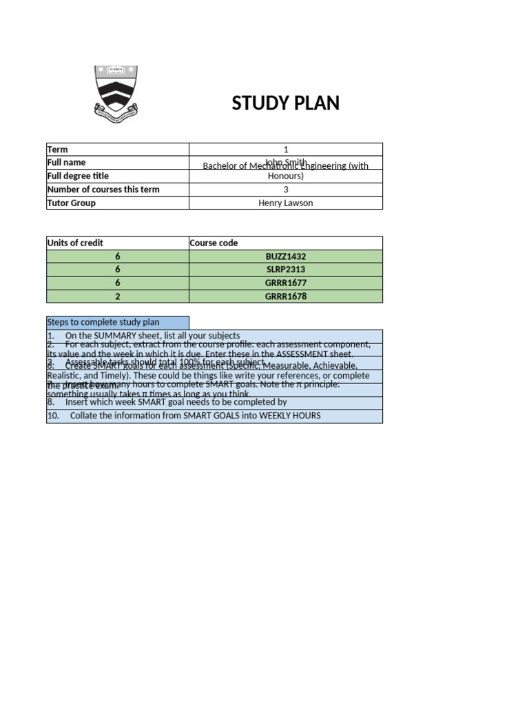 New College Study Plan Template | PDF