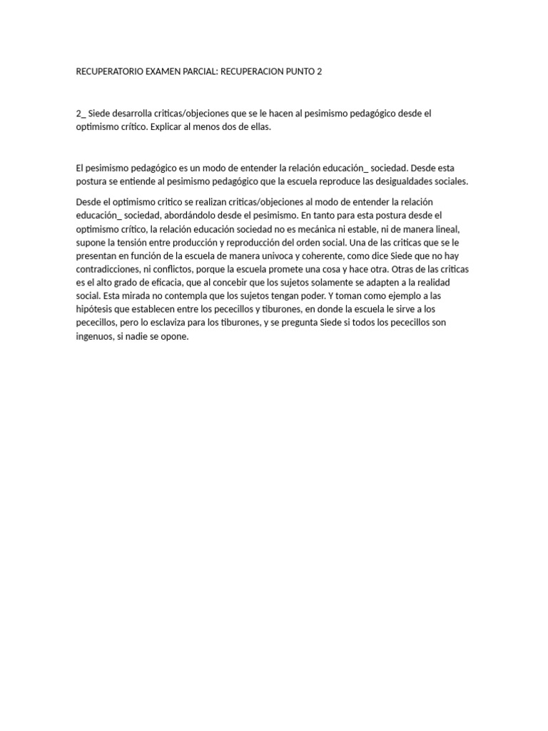 RECUPERATORIO EXAMEN PARCIAL de pedagogia | PDF