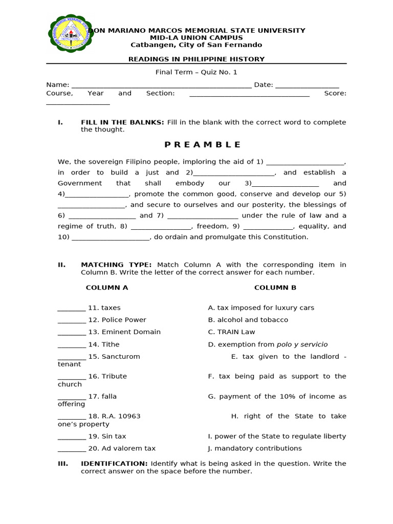 Quiz No. 1 - Phil Consti and Taxation | PDF | Taxes | Government