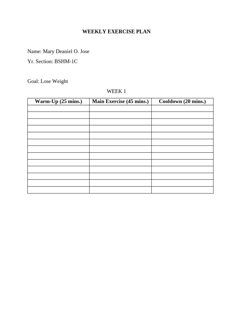 Weekly Exercise Plan (Week 1) | PDF