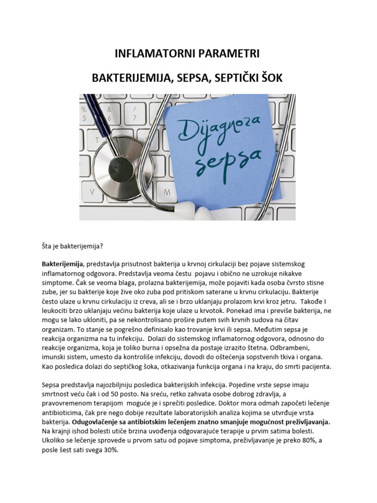 Inflamatorni Parametri Bakkterijemija Sepsa Septicni Sok | PDF