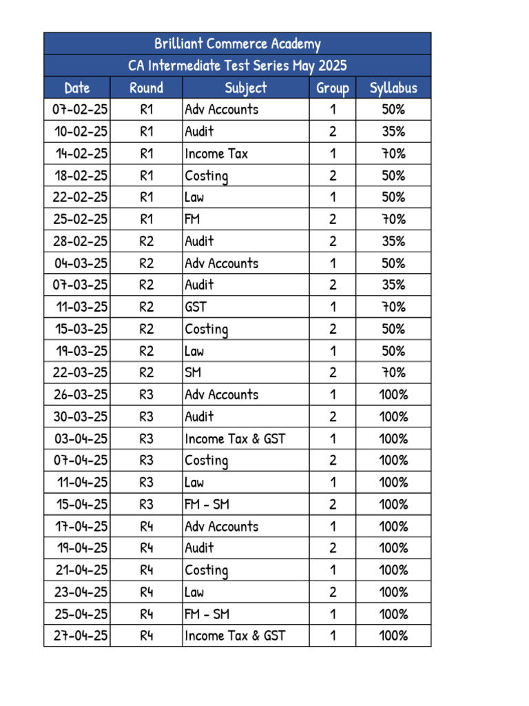 CA Intermediate Test Series Schedule | PDF