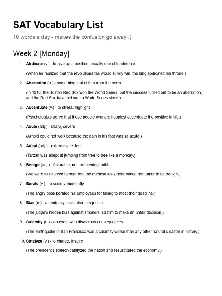 SAT Vocabulary List: 40 Essential Words | PDF