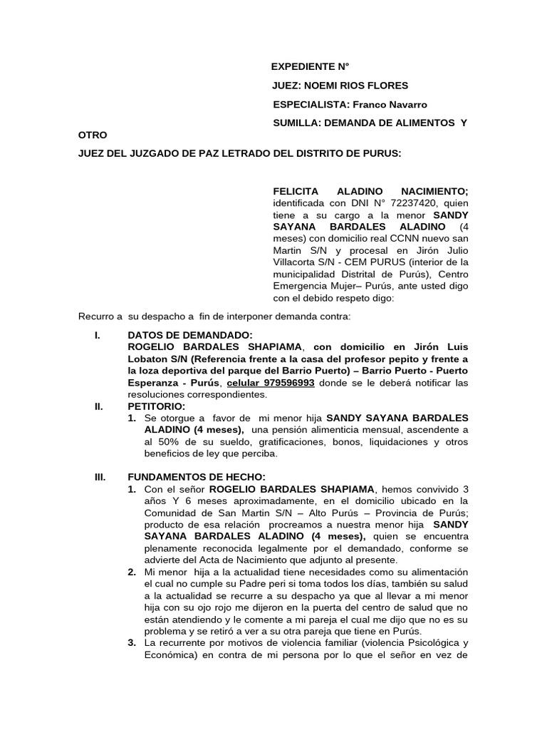 Demanda de Alimentos para Menor en Purús | PDF | Pensión alimenticia