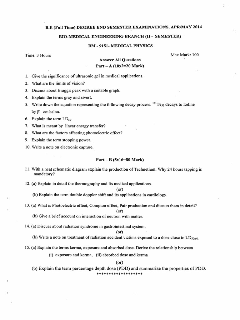 B.E (Full Time) Degree End Semester Examinations, Apr/May 2014 Bio ...