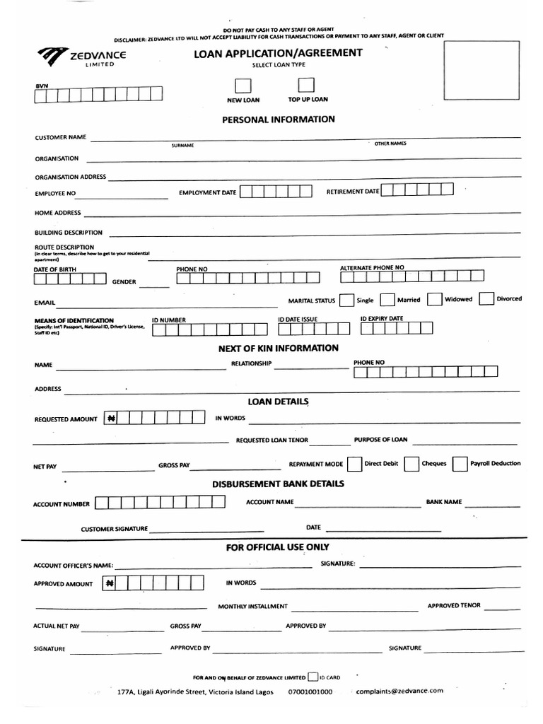 Zedvance Loan Form | PDF