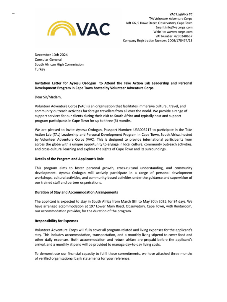 VAC Host Letter - Aysesu Ozdogan - COMPLETE | PDF