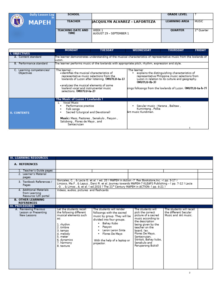 MAPEH Grade 7 Music Lesson Plan | PDF | Musicology | Performing Arts