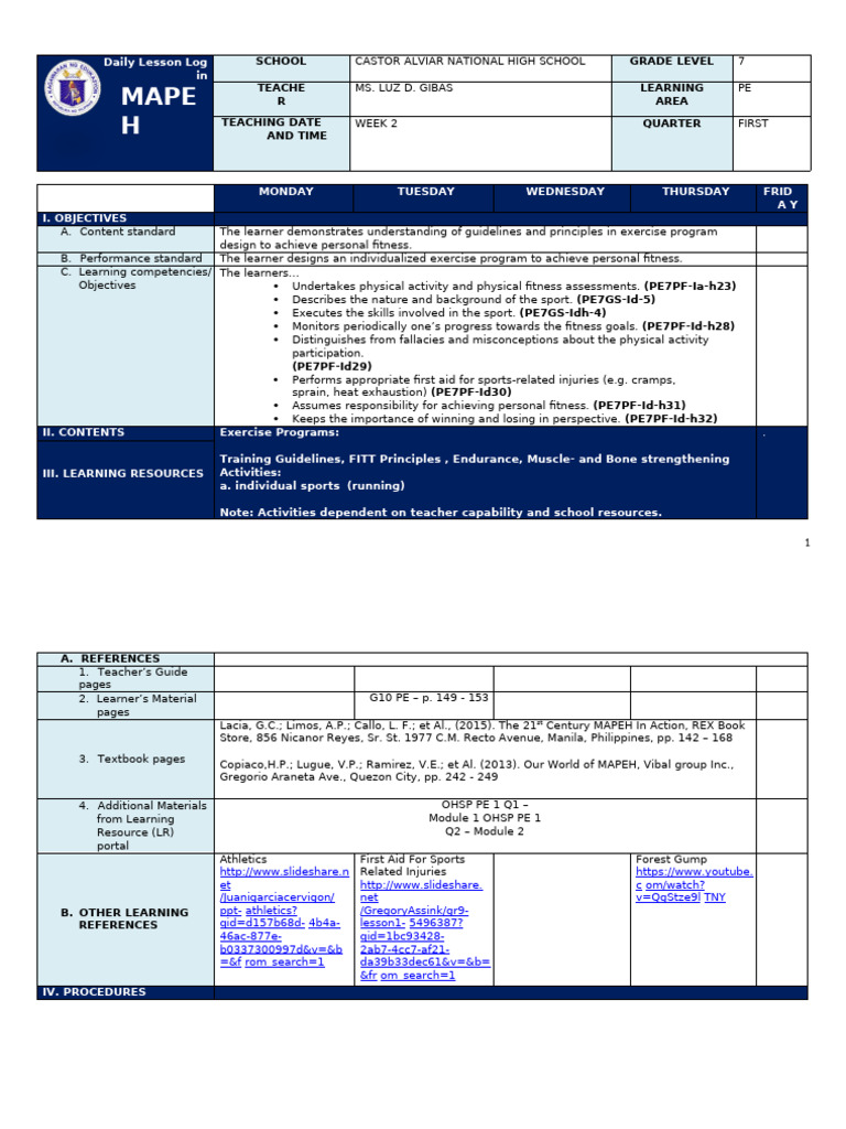 q1 Grade 7 Pe DLL Week 2 | PDF | Learning