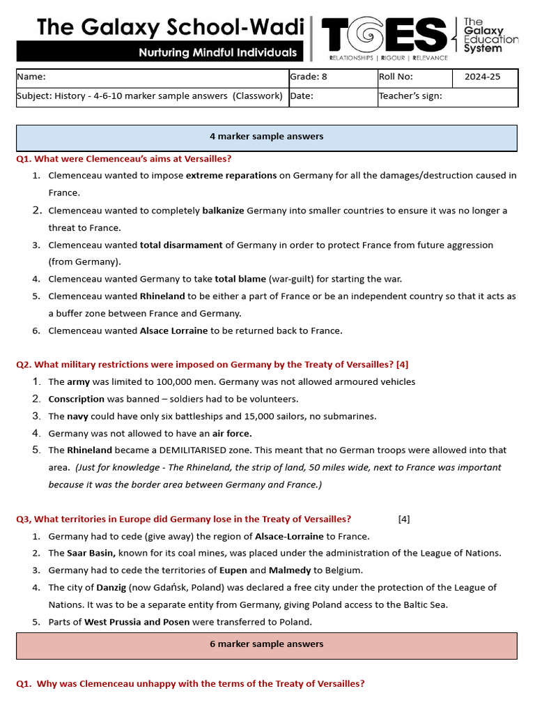 History - 4-6-10 marker sample answers | PDF | Treaty Of Versailles ...