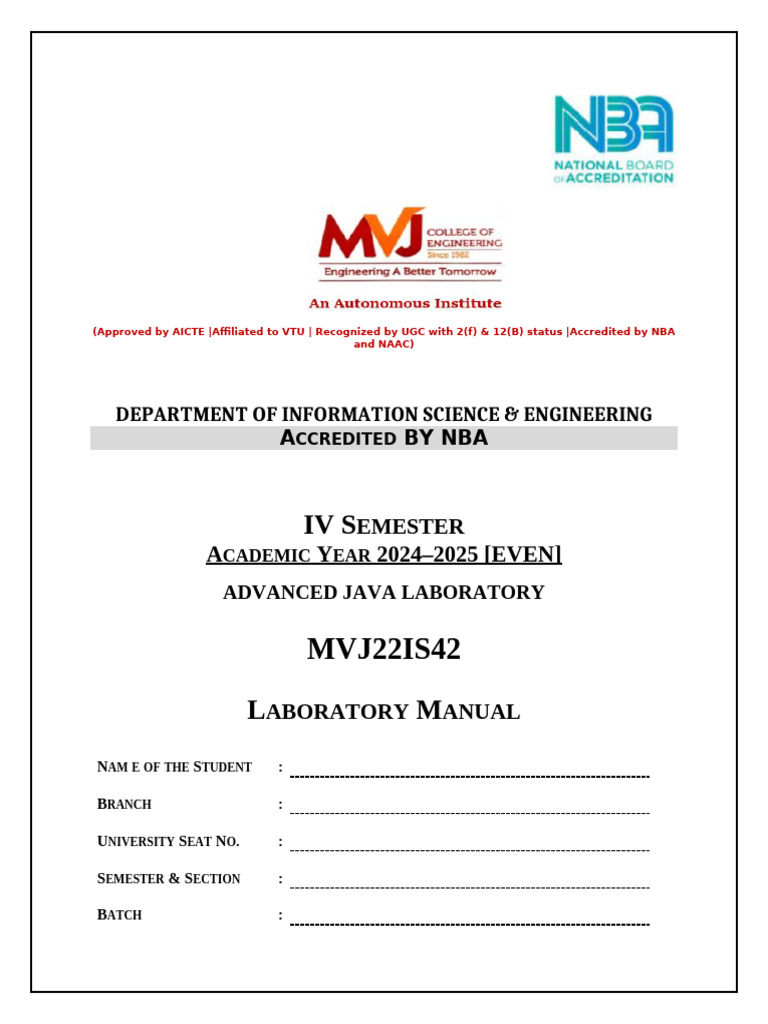 MVJ22IS42-Advanced Java-LAB MANUAL | PDF | Engineering | Java (Programming Language)