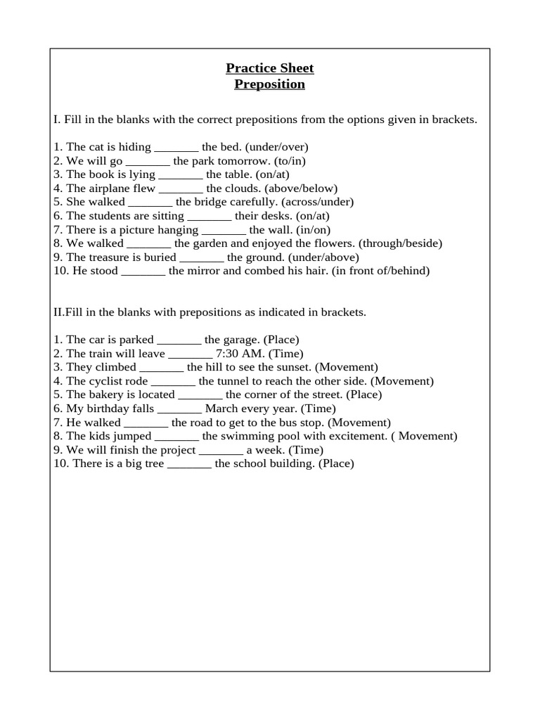 Practice Sheet (Prepositions) | PDF